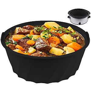 Amerbro Silicone Slow Cooker Liners fit Crock-Pot 6 Quart Oval Slow Cooker - Reusable & Leakproof Crock Pot Liner - Dishwasher Safe Crock Pockets (Black)