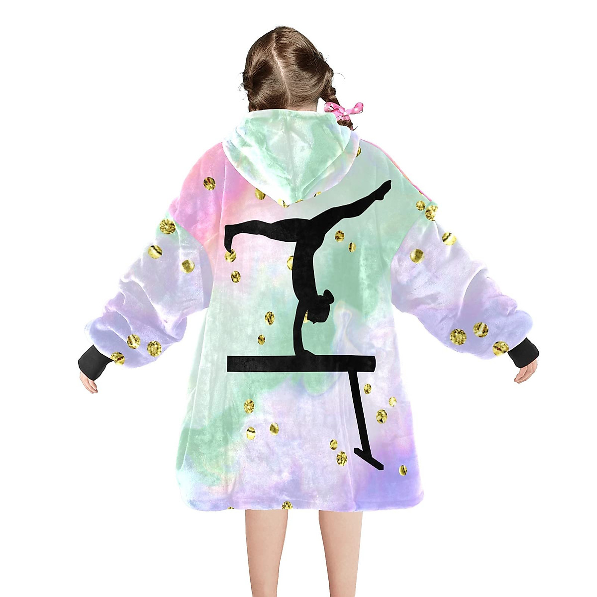 Gold Dots Girl Gymnast Custom Wearable Blanket Hoodie Sweatshirt with Pocket, Flannel Sherpa Warm Blanket for Children
