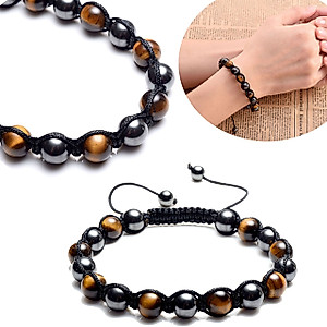 Top Plaza Men's Women's Reiki Healing Energy Natural Tiger Eye Stone Hematite Therapy Beads Macrame Adjustable Braided Link Bracelet(Set Of 3)