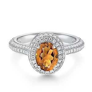 Gem Stone King 925 Sterling Silver 8X6MM Oval Gemstone Birthstone and White Moissanite Halo Engagement Ring | Wedding Anniversary Promise Ring For Women | Size 5,6,7,8,9