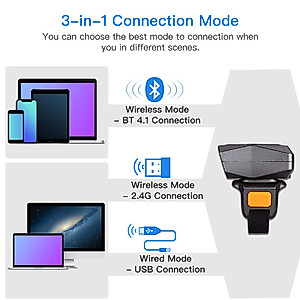 Eyoyo 2D Finger Ring Barcode Scanner, Mini Wearable 3-in-1 USB Wired & 2.4G Wireless & Bluetooth Scanner, Image 1D QR Bar Code Reader PDF417 Data Matrix Screen Scan for iPad, Smartphone, PC