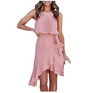 Shakumy Women Casual Sleeveless Halter Neck Boho Print Mini Dress Ruffle Irregular Hem Party Beach Tunic Short Dress