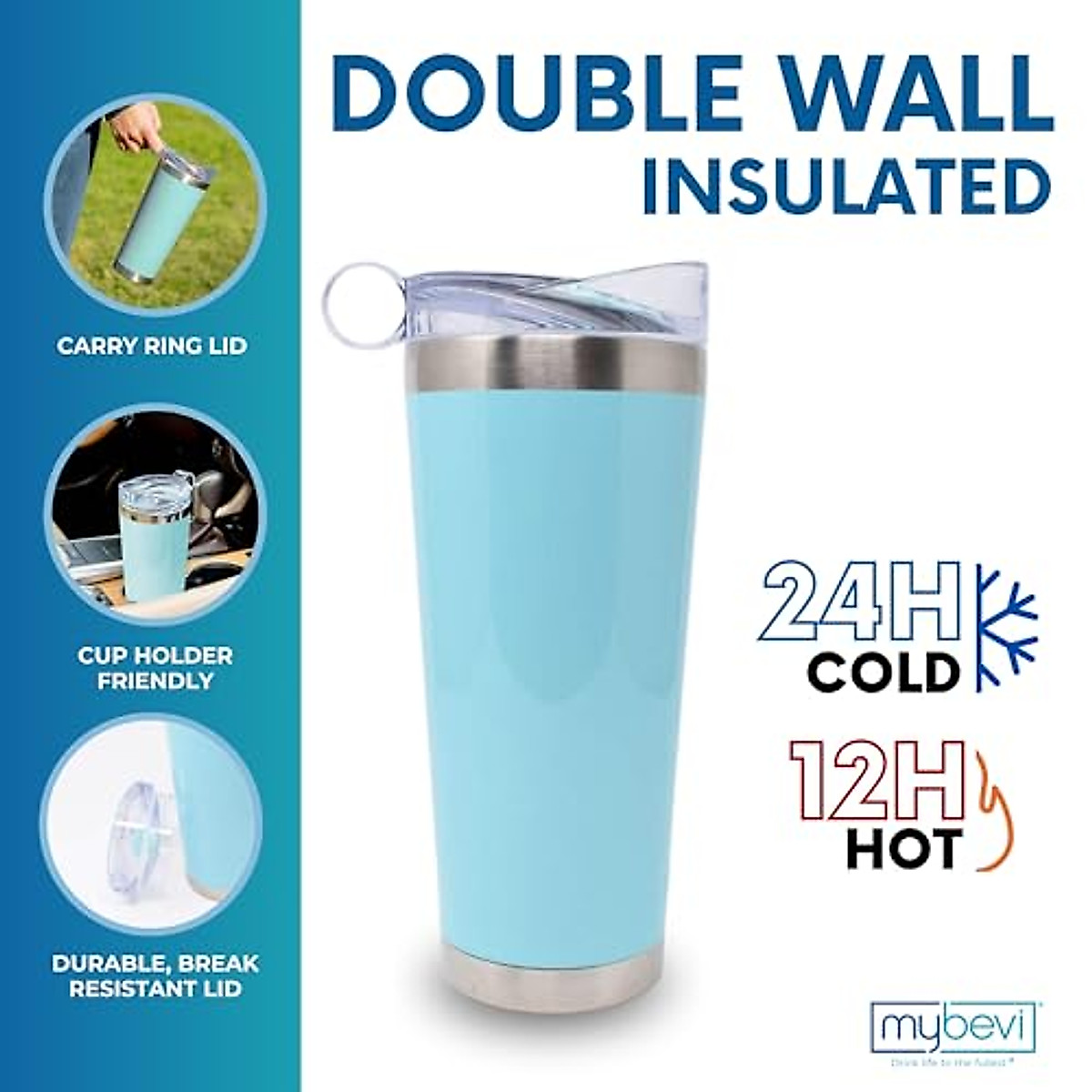 MyBevi Classic Premium Stainless Steel Tumbler with 12-Hour Temperature Control, Tritan Lid, and BPA-Free Construction | Aqua Sky, 26 oz