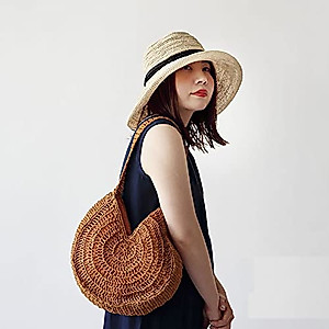 JBRUN Women Straw Woven Tote Handmade Weaving Shoulder Bag Handbag Summer Beach Large Semicircle Hobo Bag (Brown)