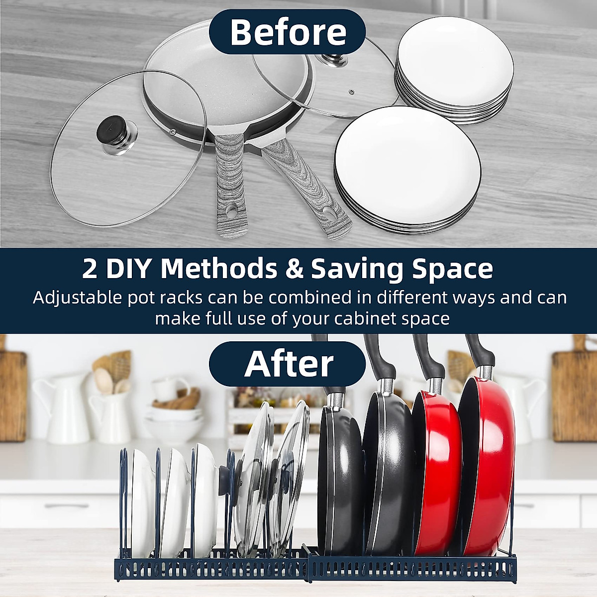 ROOHUA Pot Rack Organizer -Expandable Pot and Pan Organizer for Cabinet,Pot Lid Organizer Holder with 10 Adjustable Compartment for Kitchen Cabinet Cookware Baking Frying Rack (Dark Blue, 10)