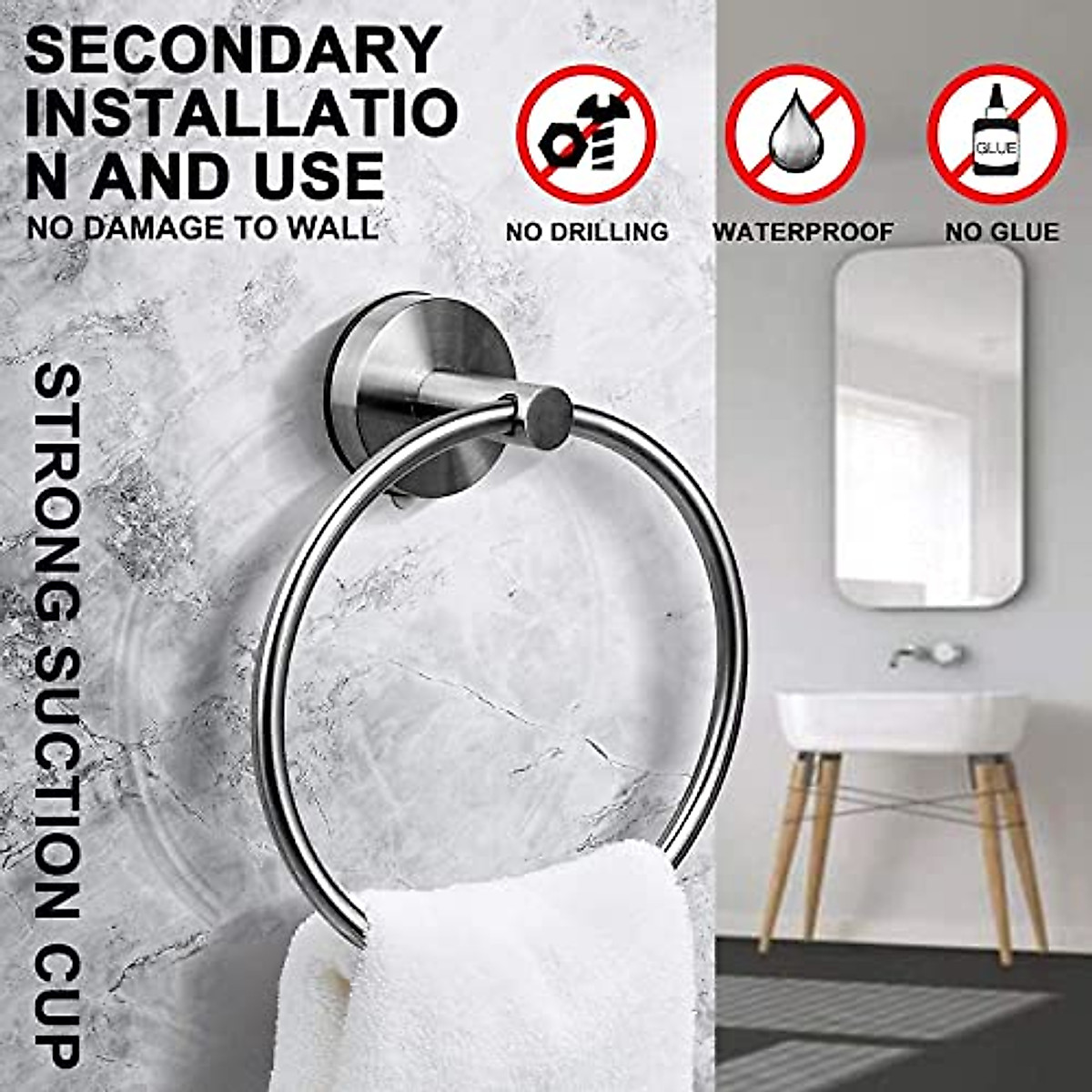 DGYB Suction Cup Hooks for Shower + Brushed Nickel Suction Cup Hand Towel Ring