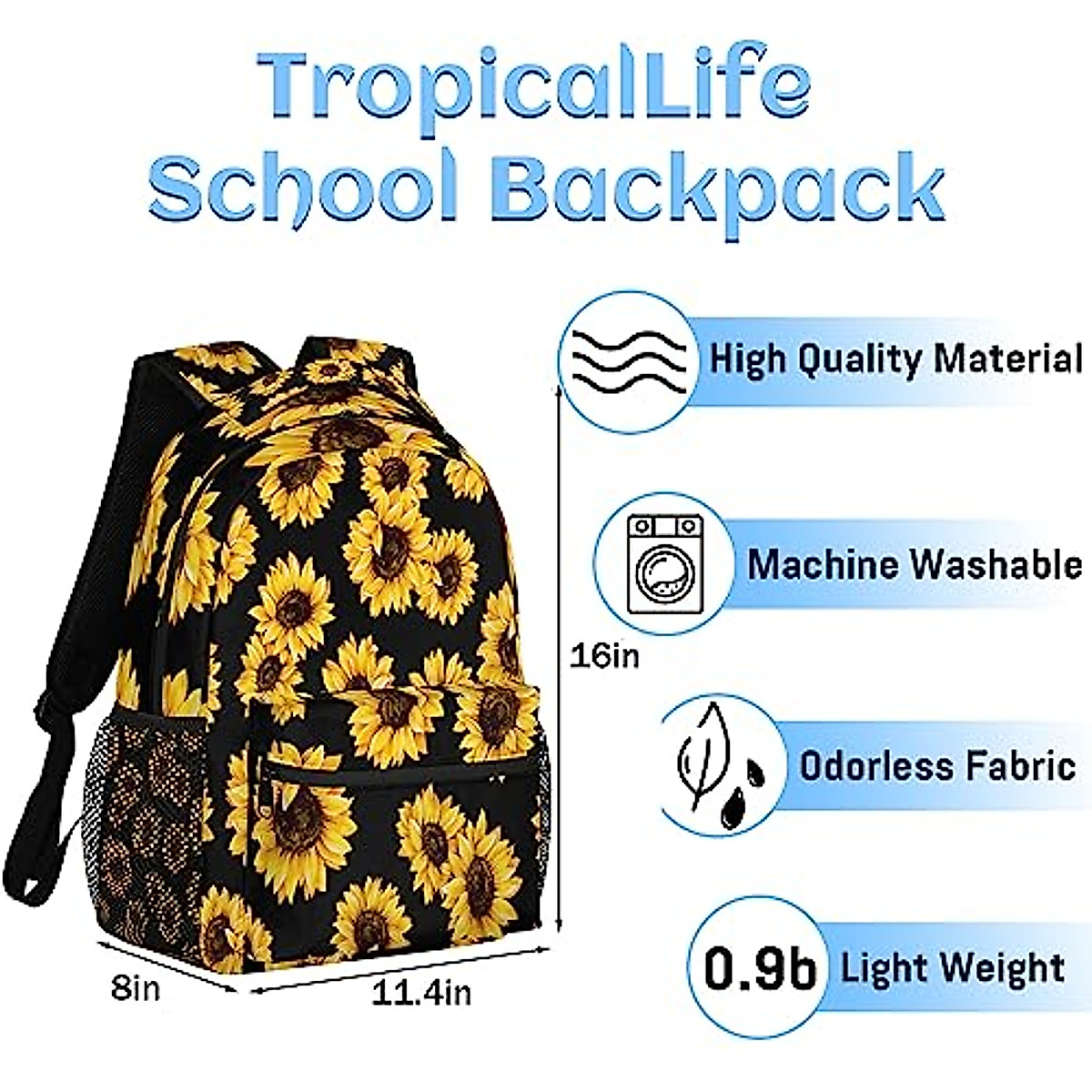 TropicalLife Backpack for School, Sunflower Backpacks with Laptop Compartment for Boys Girls Adults Teens, Lightweight Travel Bookbag for Middle School College High School Students