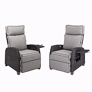 Grand patio Outdoor Reclining Chairs with Extended Footrest Adjustable WickerPatio Lounge Recliner up to 150° with Flip Side Table Cool Grey