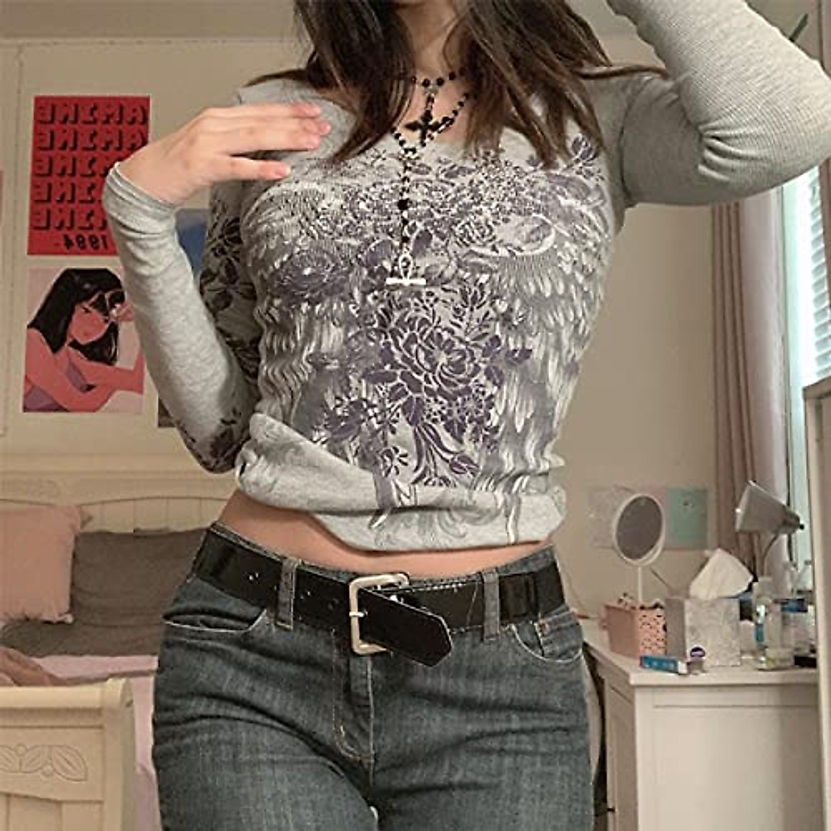 Women Y2K Long Sleeve Crop Top Ribbed Graphic Print Shirt Crew Neck Basic Blouse Tops Streewear(I-Gray Print,S)