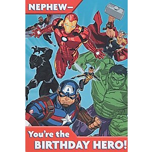 Avengers Happy Birthday Card for Nephew Featuring Thor, Iron Man, Hulk, Black Panther, Captain America and More - You're a Birthday Hero! So Get Ready for ACTION - 'Cause a Great Day is Waiting For You!