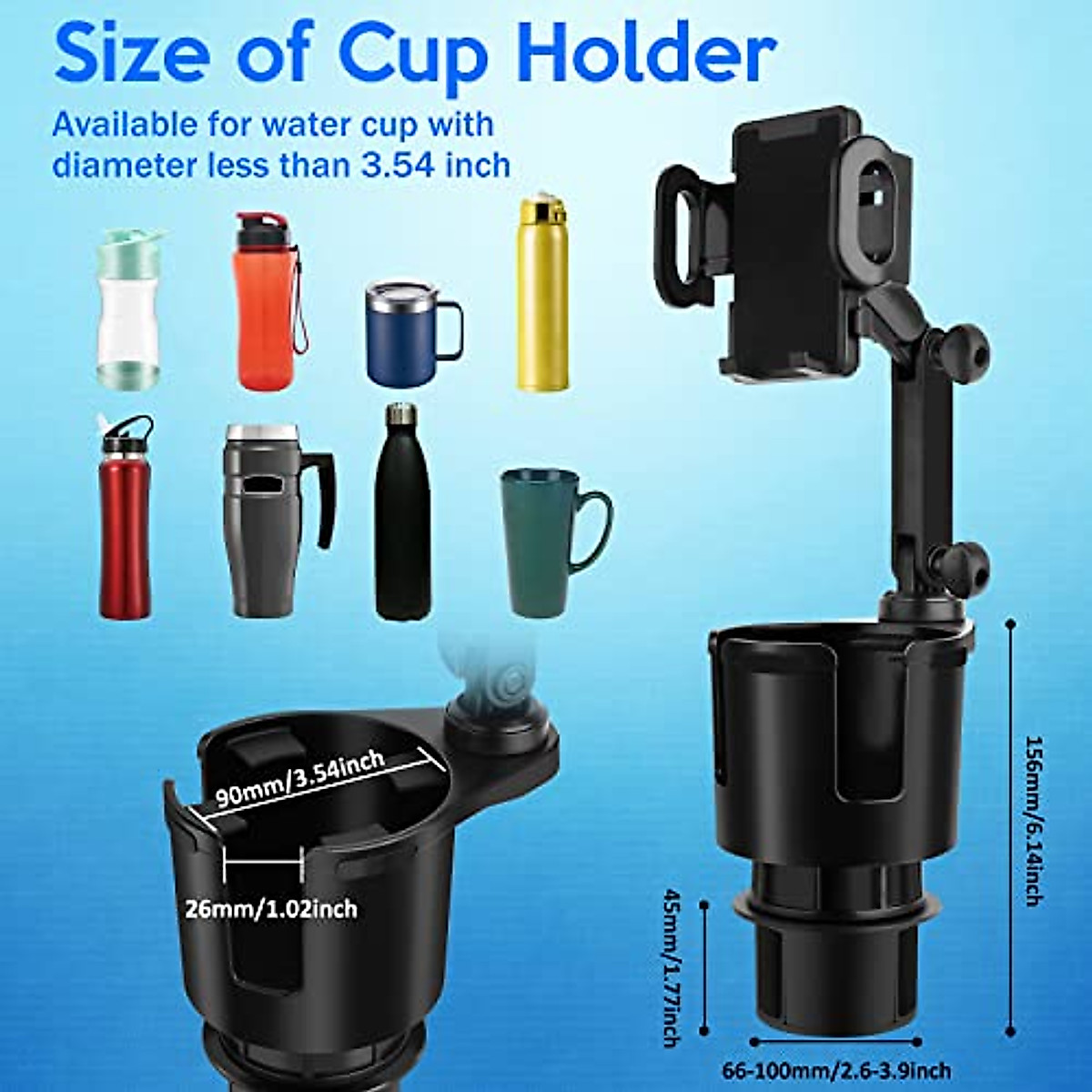 Car Cup Holder Phone Mount, Universal Cell Phone Holder for Car Drink Cupholder Expander 360°Rotation Adjustable Base Large Car Cup Holder Adapter Compatible with iPhone & Samsung Android Smartphone