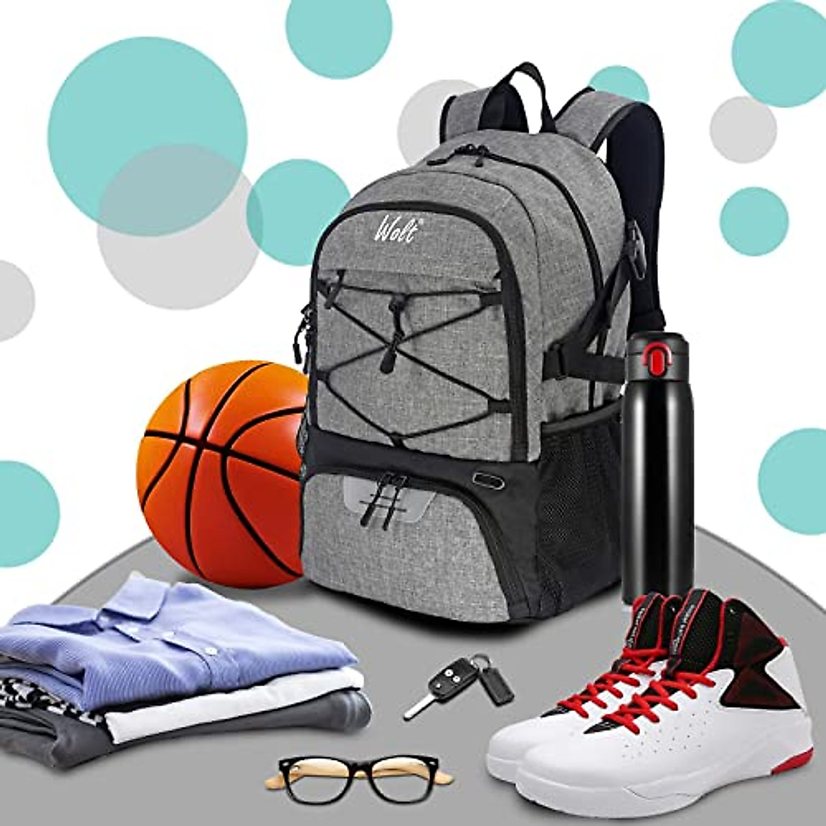 WOLT | Basketball Backpack Large Sports Bag with Separate Ball holder & Shoes compartment, Best for Basketball, Soccer, Volleyball, Swim, Gym, Travel (Grey)