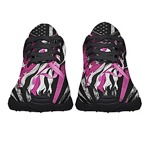 Breast Cancer Awareness Shoes Women Fashion Running Sneakers Breathable Casual Sport Tennis Shoes Black Size 4
