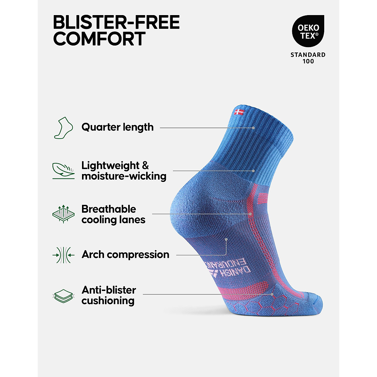 DANISH ENDURANCE 3 Pack Running Socks for Long Distances, Quarter, Men & Women, Light Blue/Orange, US Women 11-13 // US Men 9.5-12.5