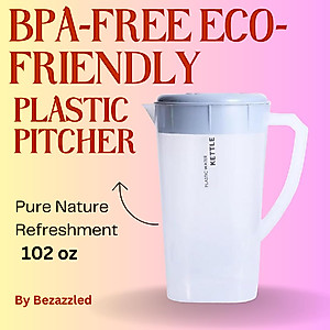 3 Litre/0.79 Gallon Plastic Pitcher with LidBPA-FREE Eco-Friendly juice containers with lids Water Jug for Hot/Cold Juice Beverage Ice Tea Kettle 102 oz Transparent