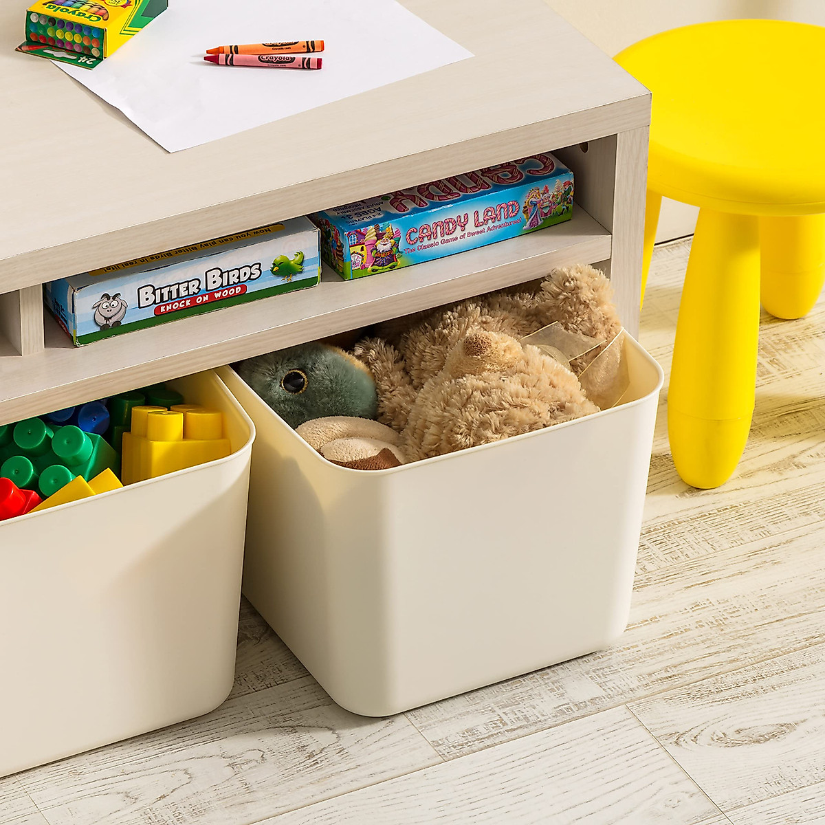 IRIS USA Plastic Basket Bin & Lid, Large, 4-Pack, Stackable Lidded Storage Organizer Bins for-Kitchen-Bathroom and Bedroom, Off White