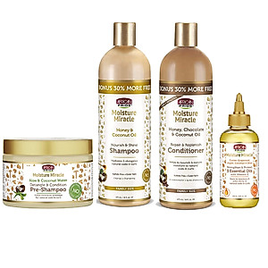 African Pride Ultimate Wash Day Regimen with Moisture Miracle Aloe & Coconut Water Pre-Shampoo, Honey & Coconut Oil Shampoo, Honey, Chocolate & Coconut Oil Conditioner & 5 Essential Oils
