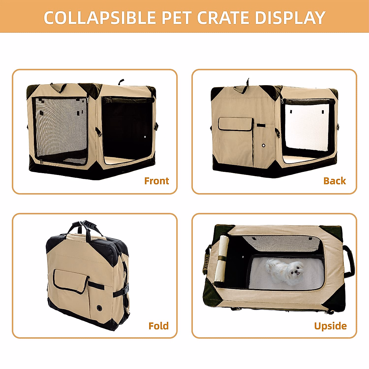 Pettycare 30 Inch Collapsible Dog Crate for Medium Dogs, 4-Door Foldable Soft Dog Kennel with Chew Proof Mesh Windows, Indoor & Outdoor Travel Dog Crate, Soft Side Dog Crate,Beige