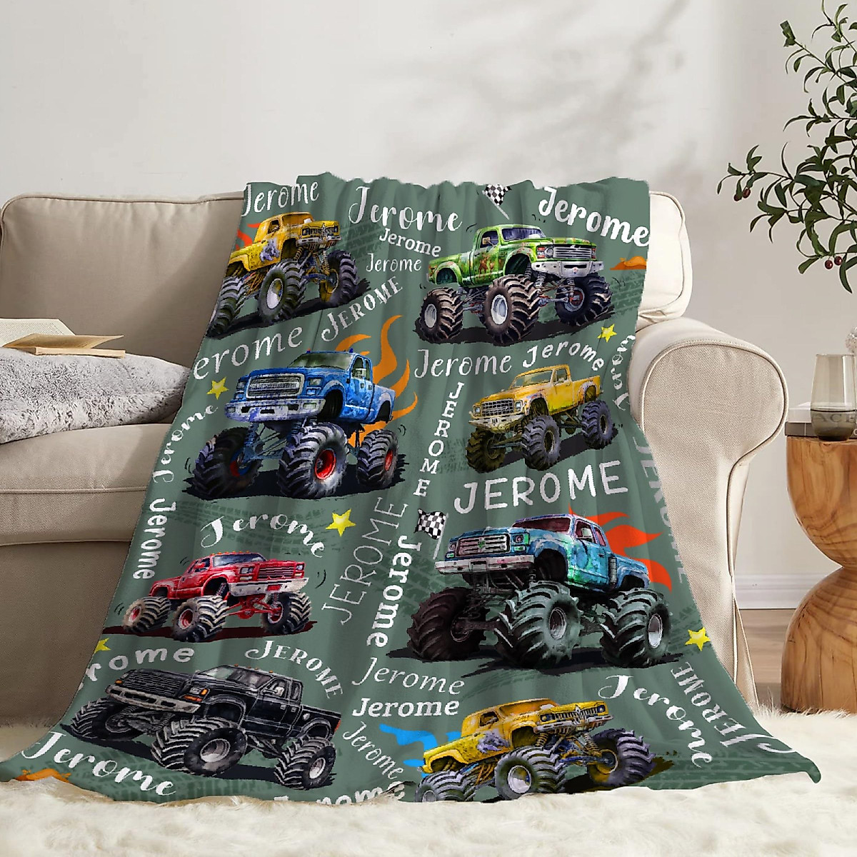 Personalized Trucks Mon-Ster Car Blanket Gifts Custom Name Blanket, Super Soft Flannel Fleece Throw Blanket for Boys Girls Couch Chair Bed Sofa Christmas Thanksgiving Gifts Teen or Nap Size 50"x60" M