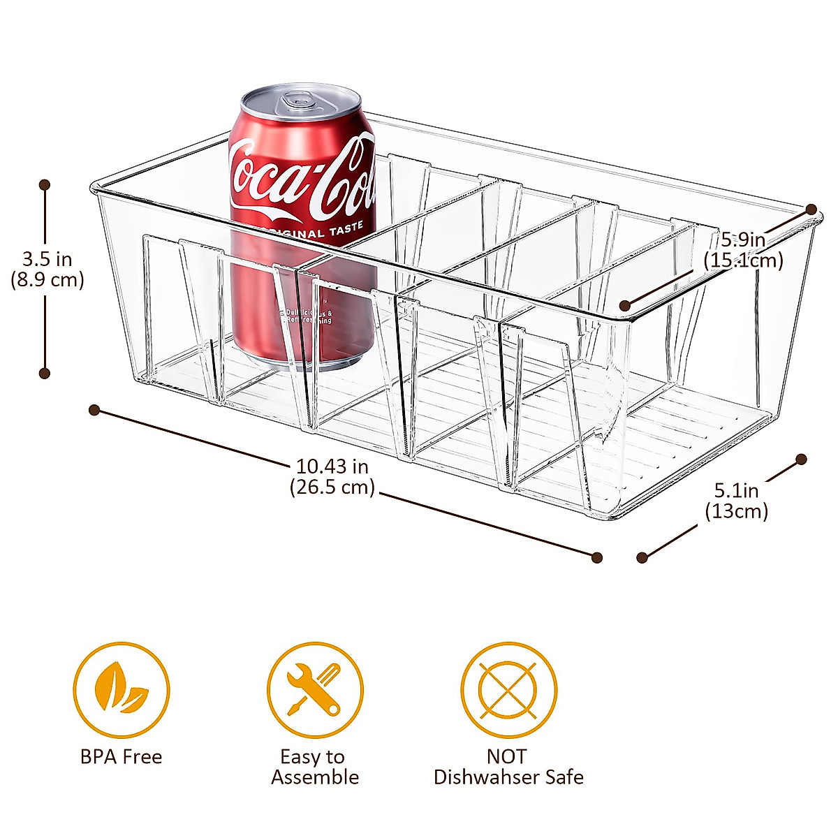 Puricon 4 Pack Pantry Organization and Storage Bins for Kitchen Fridge Countertop Cabinet, Stackable Clear Plastic Storage Containers with Removable Dividers, 5 Compartments for Food Snacks Spices