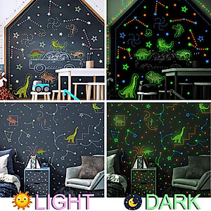 Buiory 925pcs Glow in the Dark Dinosaur Wall Decals Removable DIY Glowing Blue Green Yellow Stars and Dots Wall Stickers PVC Peel and Stick Fluorescent Luminous Wall Decor for Kids Bedroom Baby Boys