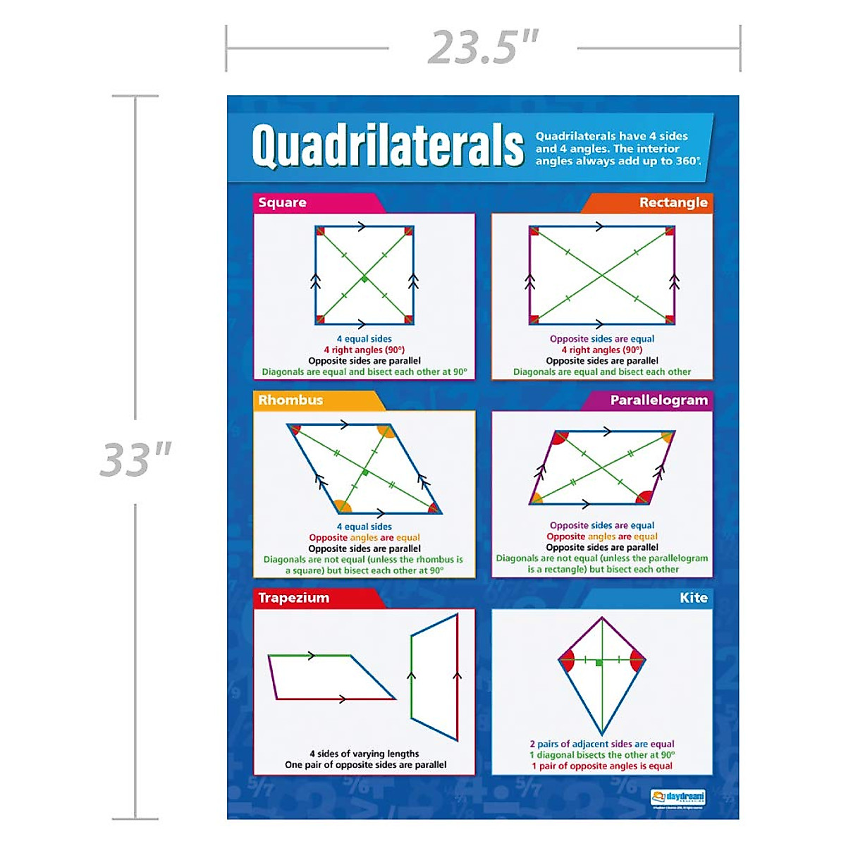 Daydream Education Quadrilaterals Math Poster - EXTRA LARGE 33” x 23.5” - Gloss Paper - Math Middle & High School Classroom Decoration - Wall Charts