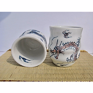 Mino Ware Japanese Sushi Yunomi Tea cups 9.47 Onces Authentic Dragon Red and Blue for Hot Green Tea Matcha Tea Bancha Set of 2 from Japan