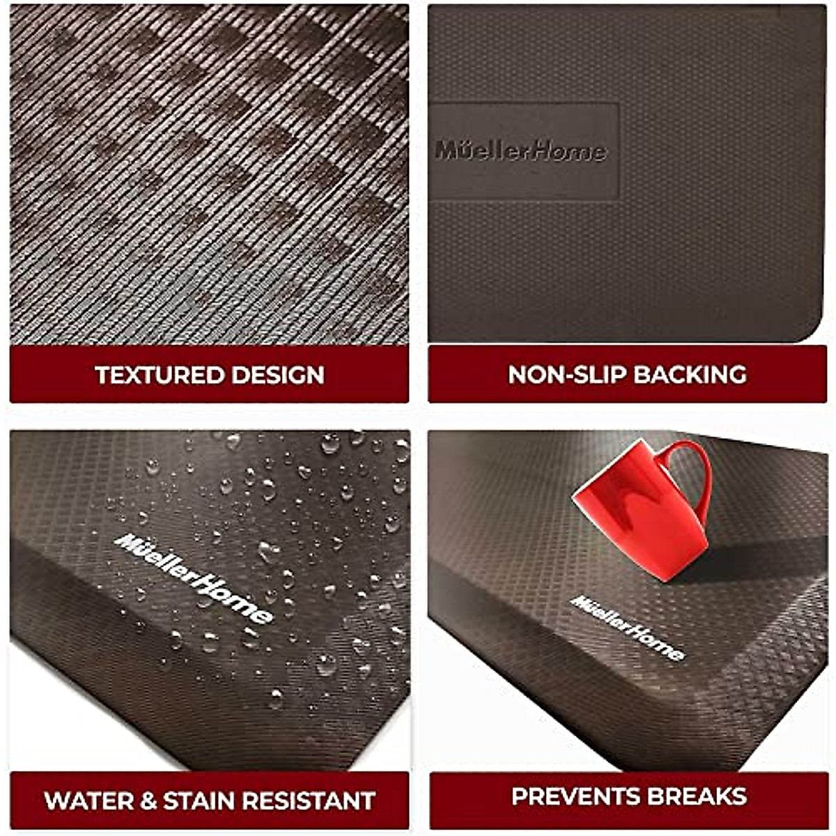 Mueller Kitchen Mats for Floor 3/4" Thick, Waterproof 20"x35" Non Slip Anti Fatigue Mats for Kitchen Floor, Heavy Duty PVC Ergonomic Foam Mat Anti Fatigue Mat Standing Desk Office, Brown