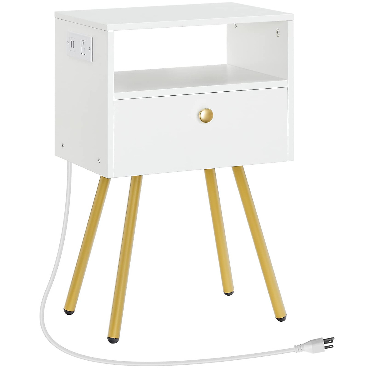 HOOBRO Nightstand with Charging Station, End Table with USB Ports and Outlet, Side Table for Tight Spaces, Solid and Stable, for Office, Bedroom, Study, White and Gold DW88UBZ01