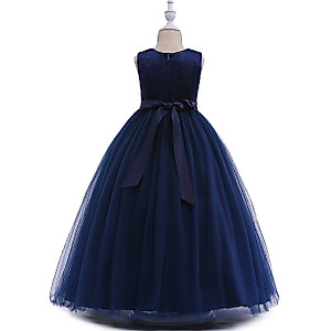 Glamulice Navy Blue Flower Girls Lace Bridesmaid Dress Long A Line Wedding Pageant Dresses Tulle Party Gown Birthday Elegant Fancy Holiday Evening Prom Princess Dance Christmas Ball Gown Formal 11 12