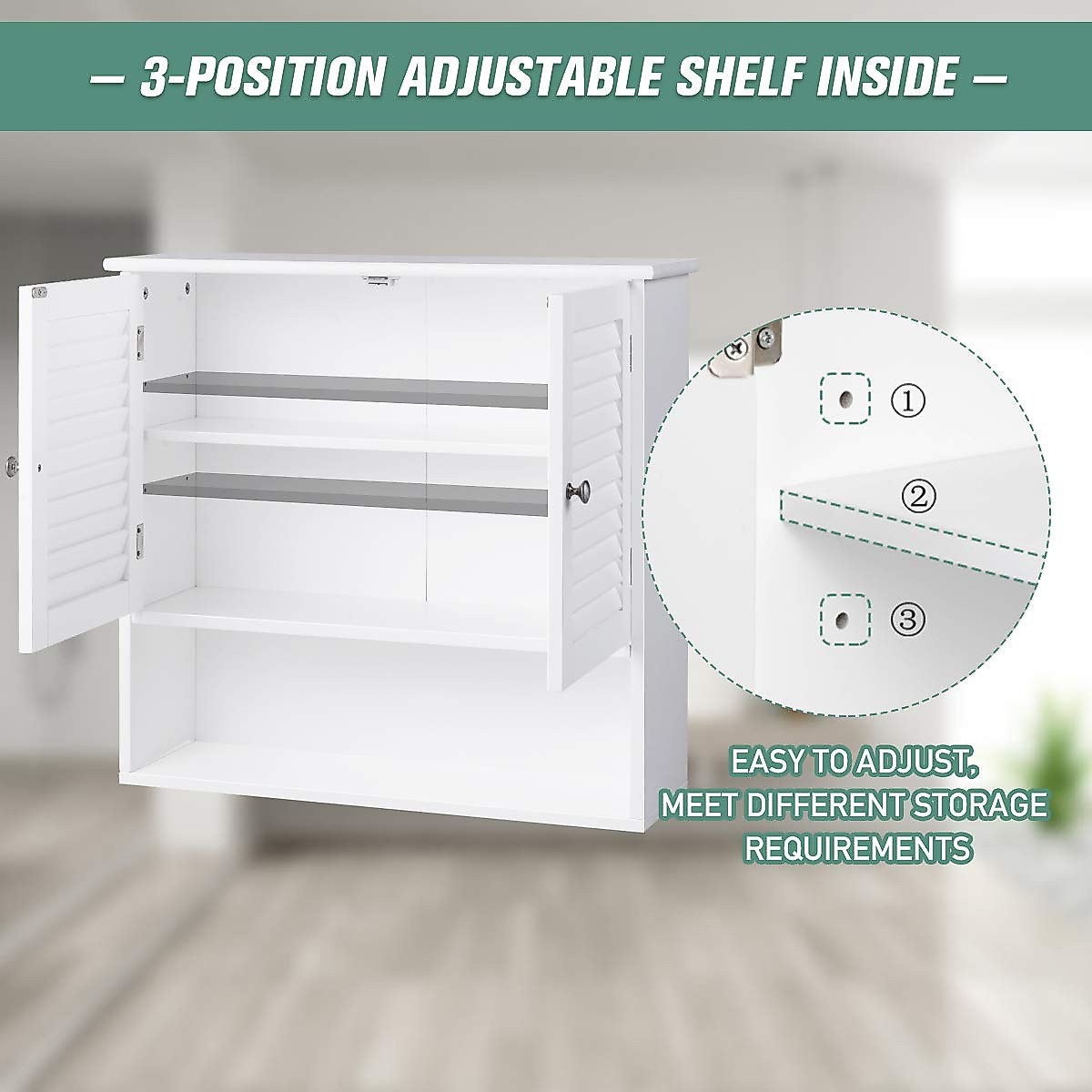 Tangkula Bathroom Wall Cabinet, Wooden Hanging Medicine Cabinet with Double Shutter Doors and Adjustable Shelf, Wall Mounted Bathroom Cabinet with Open Shelf, 26 x 8.5 x 25 Inches, White