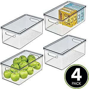 mDesign Plastic Pantry Storage Box Container with Lid and Built-In Handles - Organization for Flour, Cereal, Pasta, Rice, or Food in Kitchen Cupboard, Ligne Collection, 4 Pack, Clear/Smoke Gray