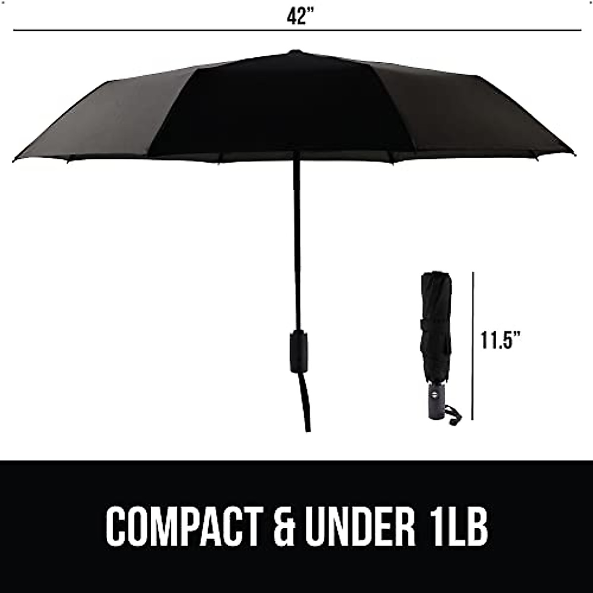 Gorilla Grip Compact Travel Umbrella for Rain, Windproof Reinforced Fiberglass Ribs, Coated, Portable, One-Click Automatic Open and Close, Collapsible and Lightweight Small Umbrella, 42 Inch, Black