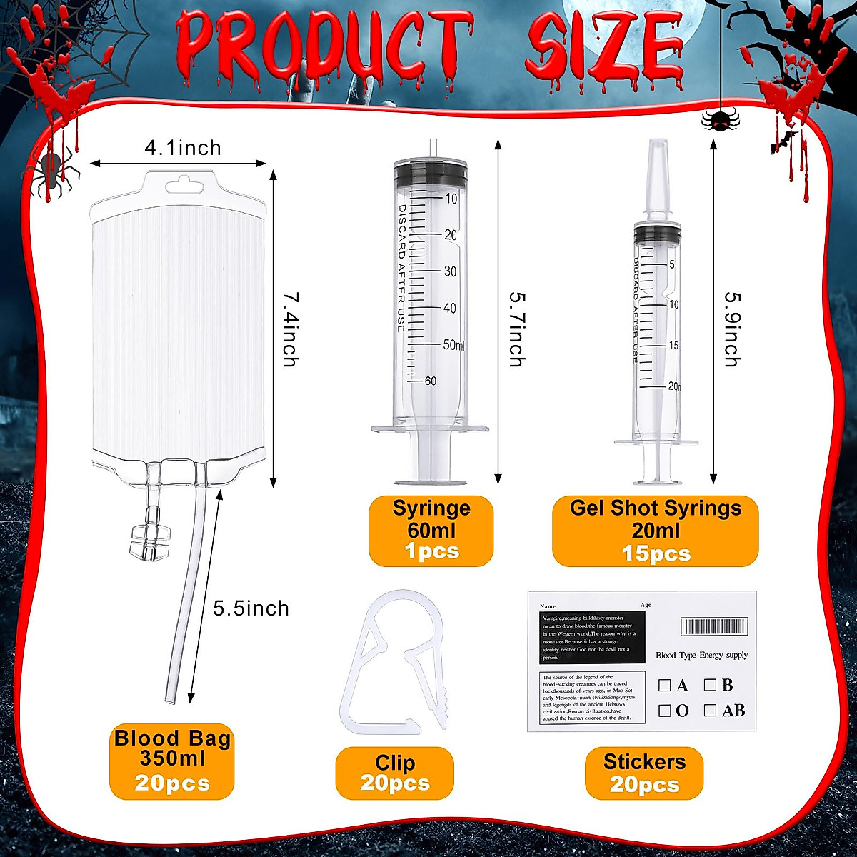 Jerify 36 Pcs Blood Bag Set 20 Pcs IV Bags Pouches 15 Pack Jelly Syringes and Injection Syringe for Halloween Gag Gift Graduation Zombie Vampire, Reusable Party Cups Container