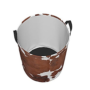 Western Cow Print Laundry Hamper - Brown Cowhide Basket with Handles Animal Skin Pattern Washing Bucket Foldable Dirty Clothes Toys Storage Bag Organizer for Girls Women Bedroom Bathroom Dorm