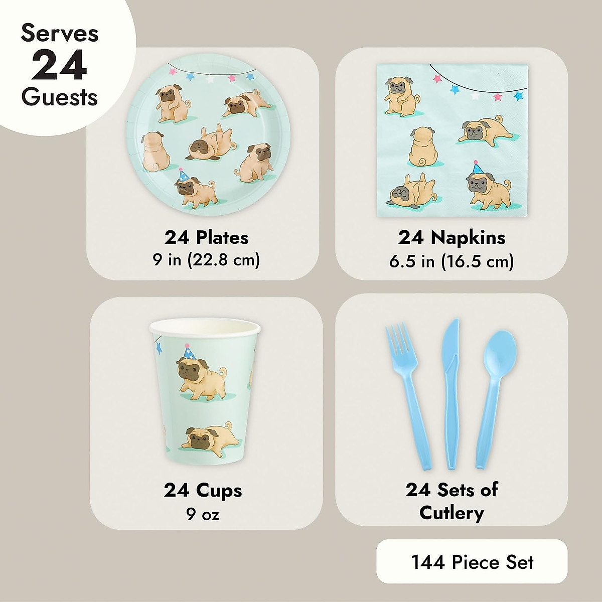144 Piece Pug Party Supplies, Dog Birthday Decorations with Paper Plates, Napkins, Cups, and Cutlery (Serves 24)