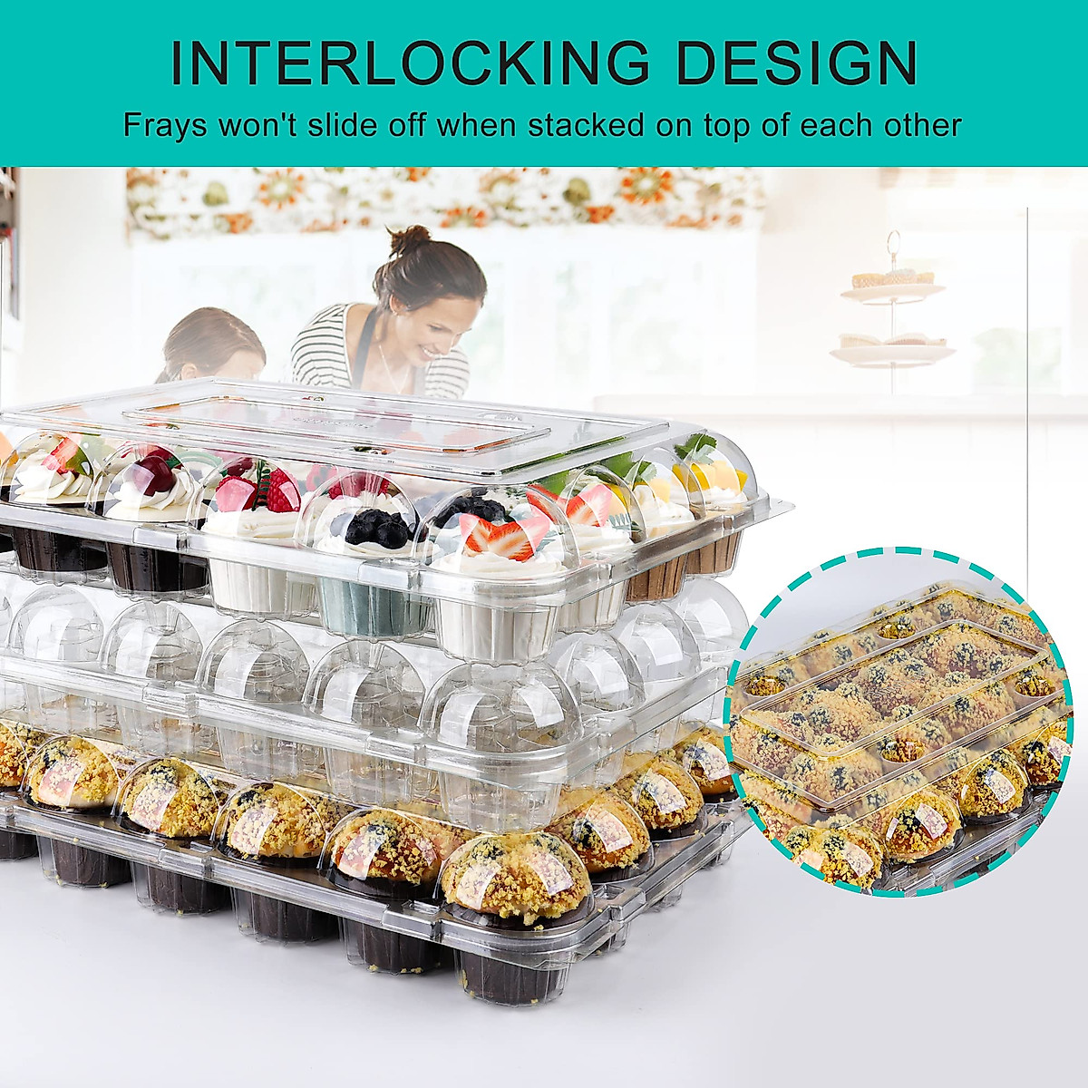 3unshine 24 Count Cupcake Containers, Set of 12 Plastic Cupcake Boxes Bulk, 24 Compartment Cupcake Holder with Detachable Lid,Disposable Muffin Carrier