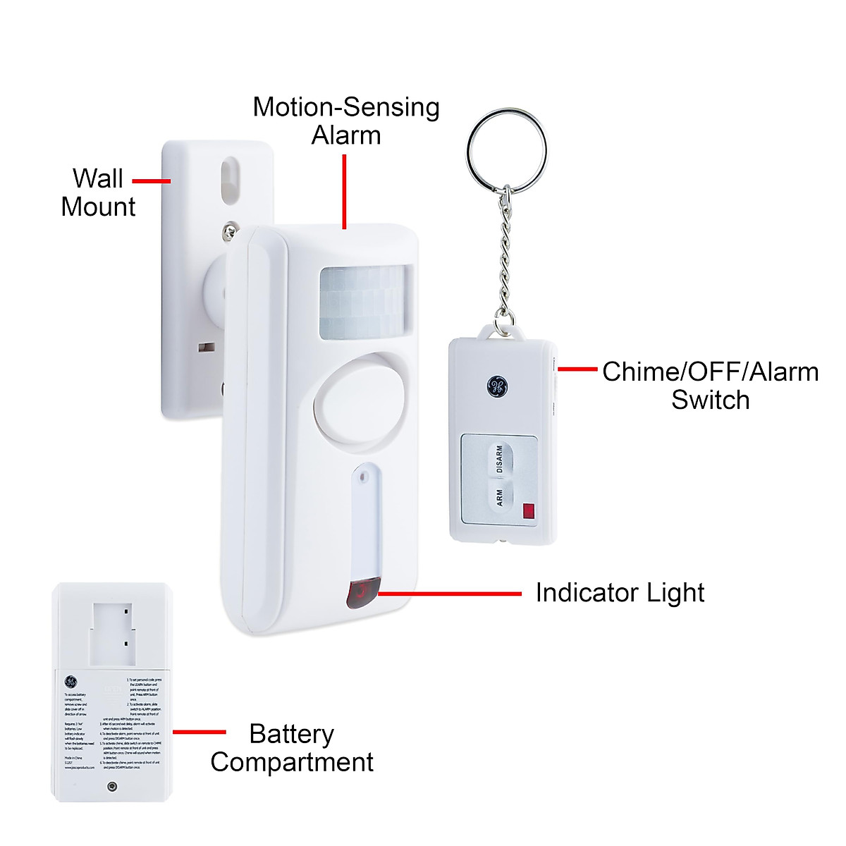 GE Personal Security Motion Sensing Alarm with Keychain Remote, 120dB Siren, Easy to Use, Easy to Install, No Wiring, Home Protection, 51207,black