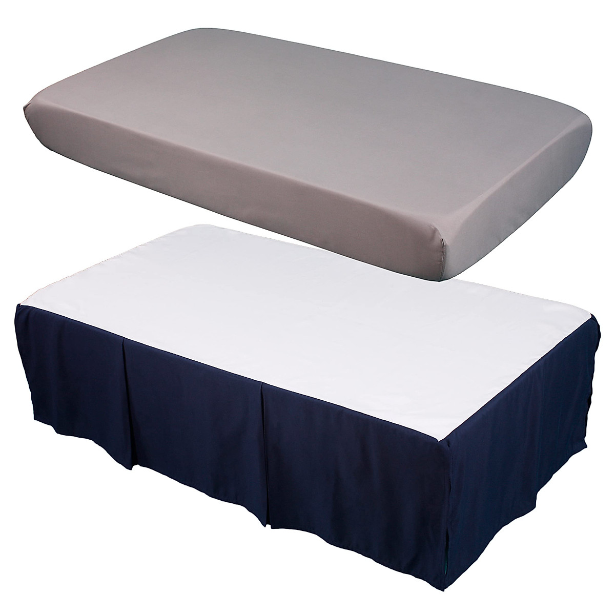 CaSaJa Original Crib Sheet and Skirt Set for Baby Boy Girl, Breathable Soft Nursery Crib Bedding Set Standard, 14” Drop Pleated Bedskirt Navy, 9” Deep Pocket Fitted Mattress Bed Sheet Gray