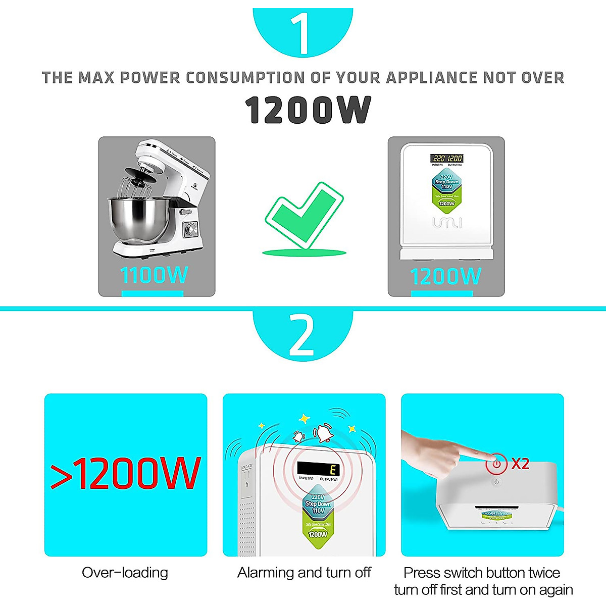 UMI 1200W 2000W Step Down Voltage 220v to 110v Converter, Heavy Duty Power Converter 220V to 110V, Good Transformer for Overseas, Step Down Converter 220V to 110V - US to Europe Voltage Converte
