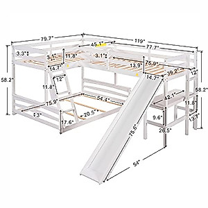 Merax Wood L-Shaped Bunk Bed with a Loft Attached, Triple Bedframe with Desk, Slide, and Guardrails, Twin Over Full, White