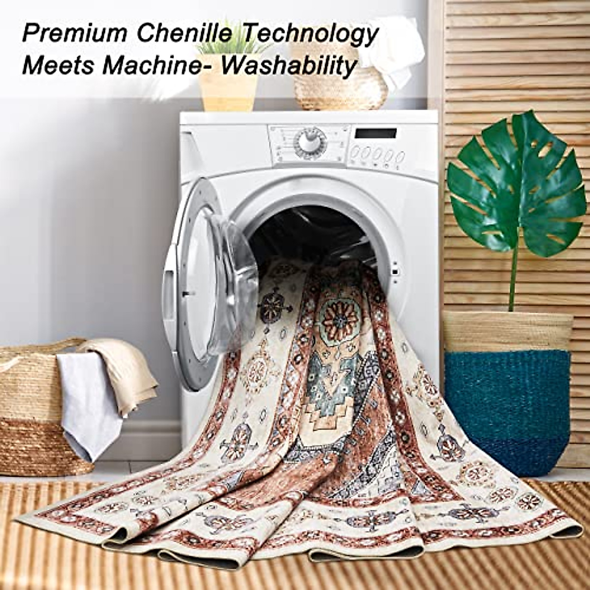 Area Rug Living Room Rugs - 9x12 Large Machine Washable Boho Carpets Vintage Persian Tribal Anti Slip Backing Thin Carpet for Under Dining Table Bedroom Farmhouse Home Office Red