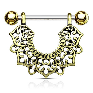 Covet Jewelry Filigree Flower Dangle 316L Surgical Steel Nipple Rings (Gold)