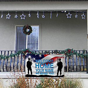 BannerBuzz Vinyl Banner, Welcome Home We Missed You Soldier, PVC Flex, 11 oz, Hemmed Edges with Grommets, Single Sided Print, Full Color 600DPI Eco Solvent Printing (10' W X 4' H)