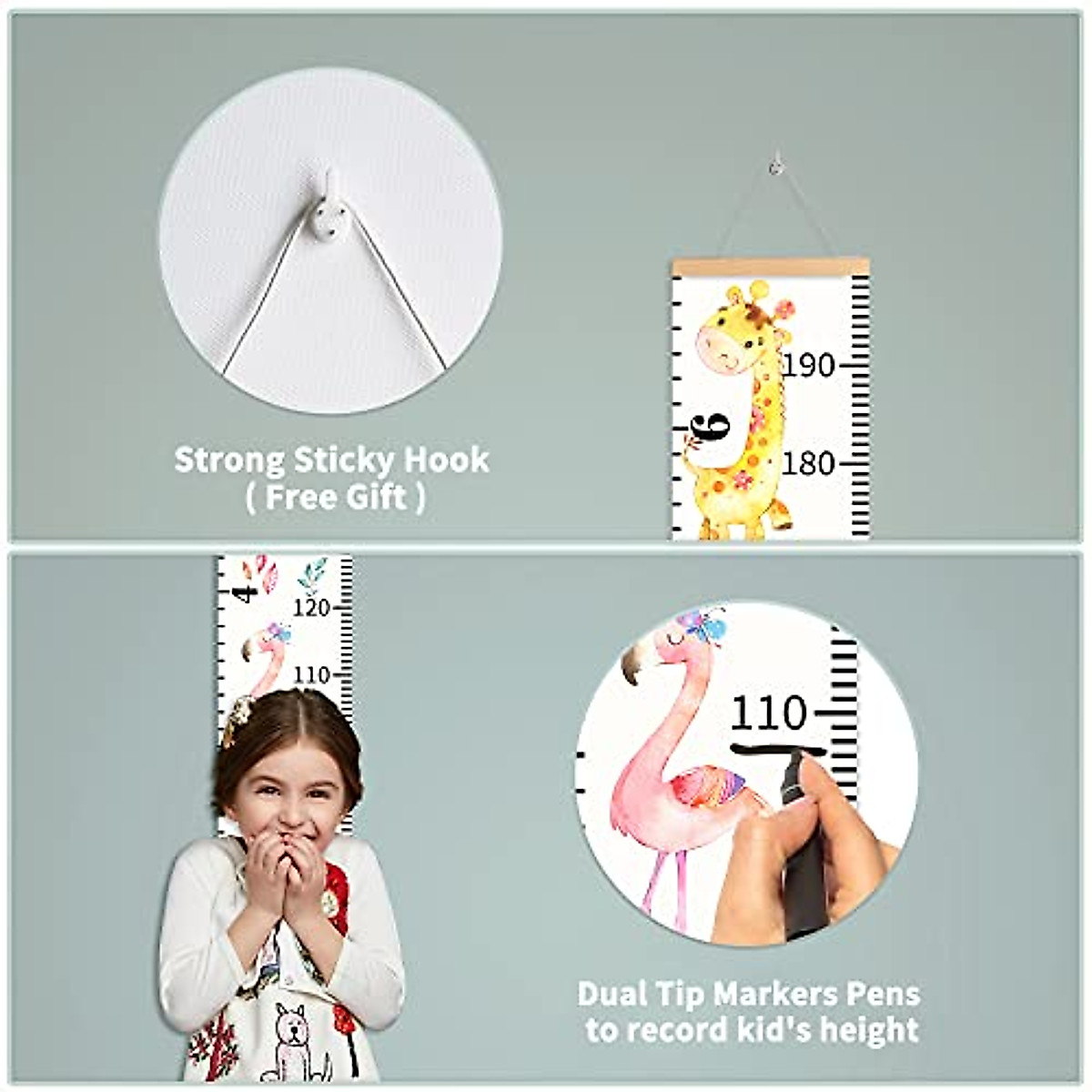 ASENART Growth Chart for Kids Roll-up Height Chart for Boys Girls Fabric Canvas Animal Height Measurement Ruler for Nursery Room Removable Wall Decor 79"x7.9"