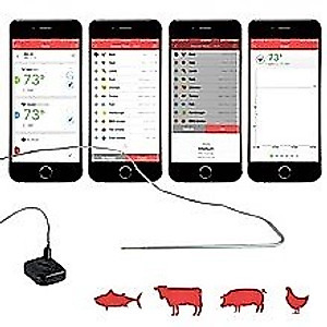 NutriChef Smart Bluetooth BBQ Thermometer - Upgraded Stainless Probe Safe to Leave in Grill, Outdoor Barbecue or Meat Smoker - Wireless Remote Alert iOS Android Phone WiFi App - PWIRBBQ40
