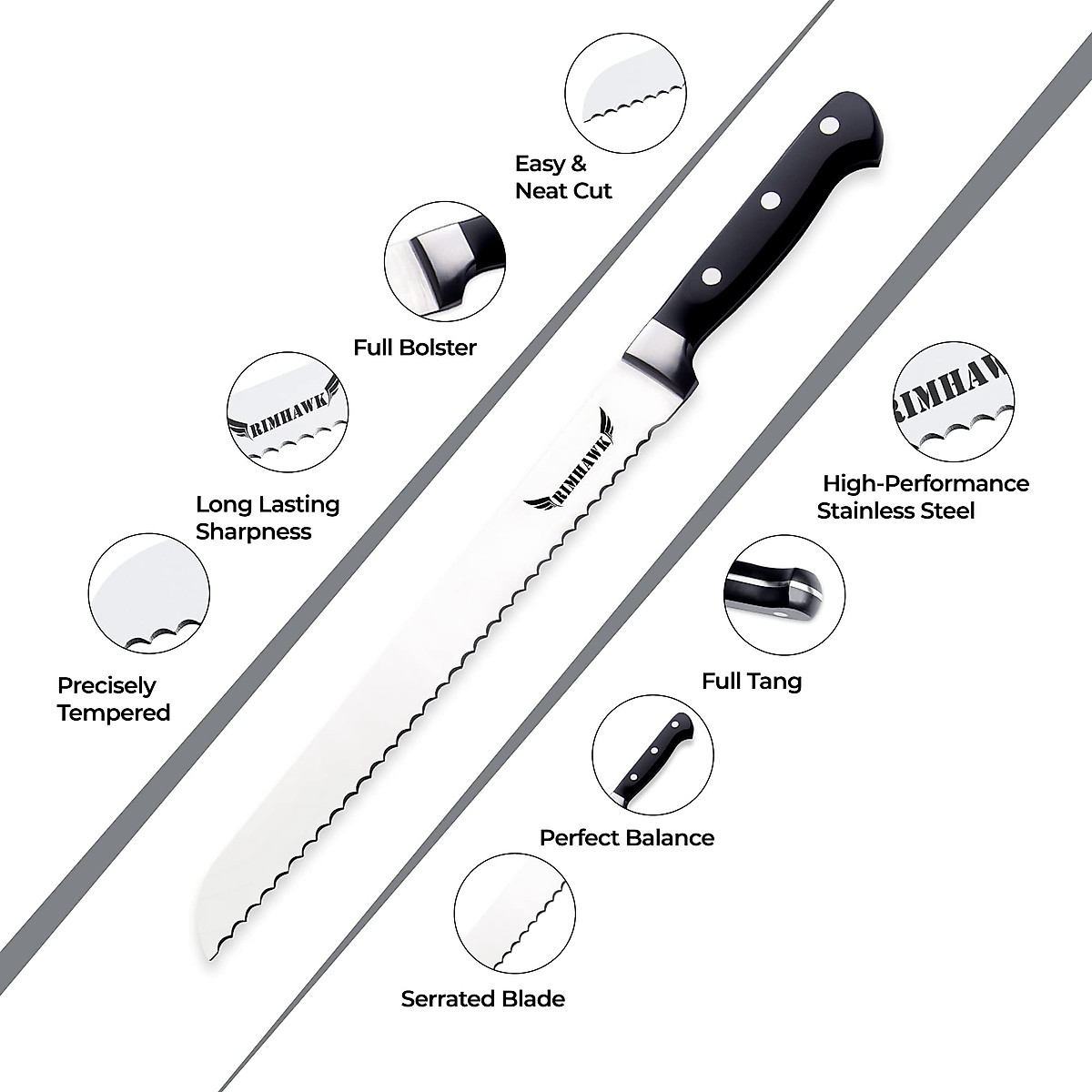 RIMHAWK Bread Knife 10inch Serrated Bread Knife for Homemade Bread, Ultra-Sharp Stainless Steel Serrated Bread Knives and 5inch Ergonomic Handle