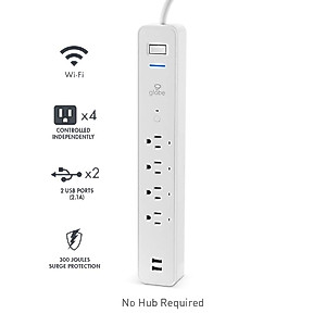 Globe Electric Wi-Fi Smart 4-Outlet Surge Protector 2 USB Port Power Strip, No Hub Required, Voice Activated, Independently Controlled Grounded Outlets, 4ft Cord, White 50077