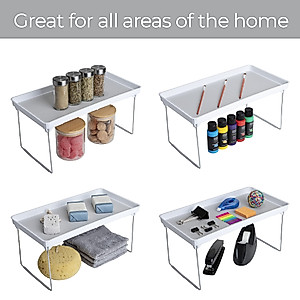 Smart Design Stackable Cabinet Shelf - Non-Slip Lining and Feet - BPA Free - Cupboard, Counter, Pantry, Storage, Kitchen Organizer - White with Gray