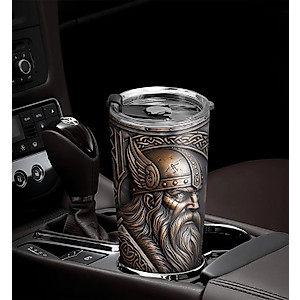 20oz Viking Celtic Warrior Tumbler, Norse Mythology, Viking Gifts for Men, Coffee Thermos for Men, Stainless Steel Double Wall Vacuum Insulated Coffee Mug, Travel Cup with Lid